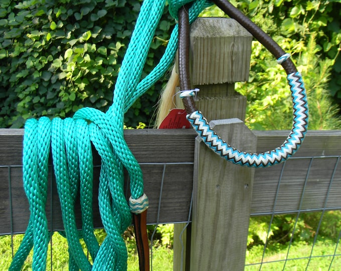 Rawhide Bosal and Teal Nylon Mecate Rein Horse Size Bitless Hackamore ...