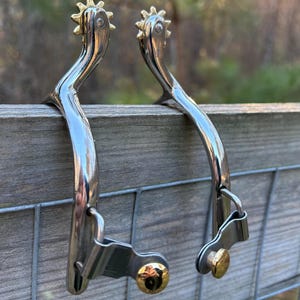 Pair Adult Size Western Polished Chrome Spurs Brass Rowels and Buttons ...