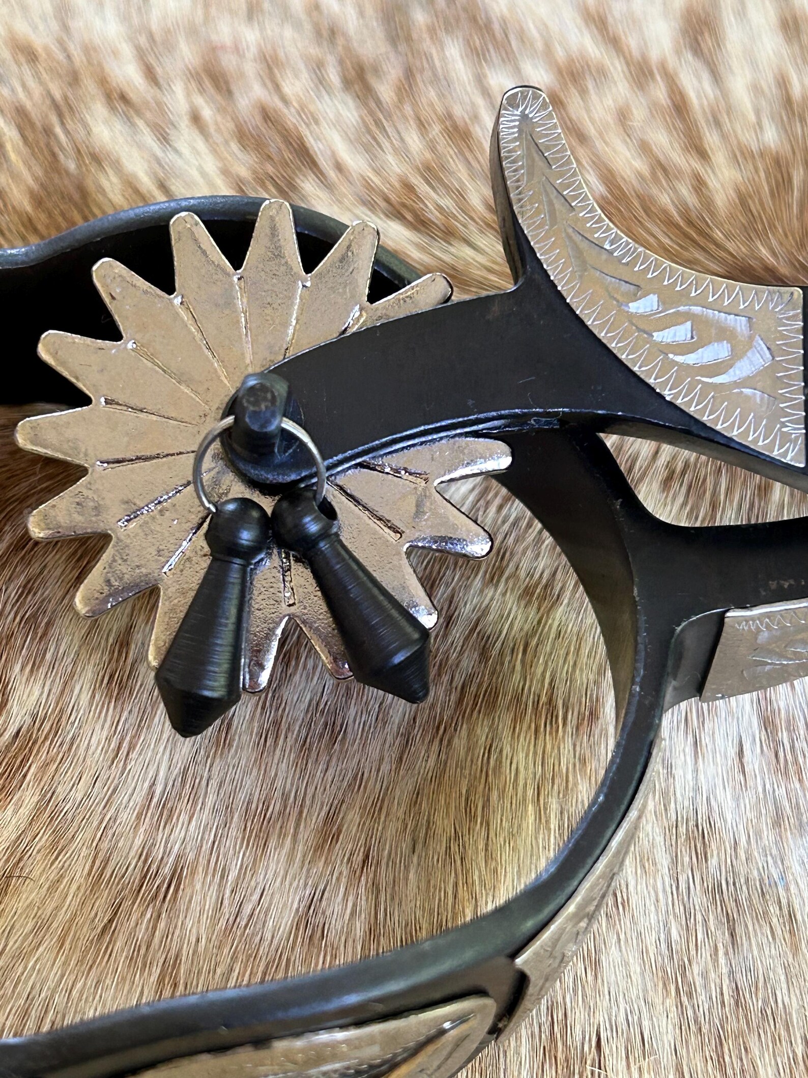 Pair Adult Size Black Steel Western Jingle Bob Spurs Engraved Silver ...