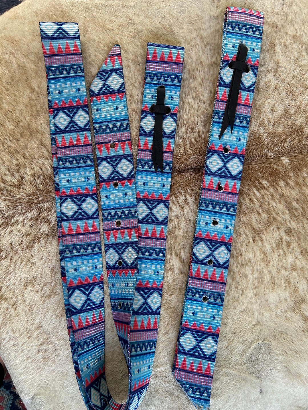 Blue Aztec Print Nylon Tie Strap and off Billet Set for Western Saddle ...