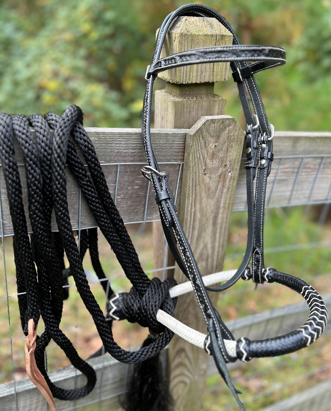 Complete Horse Size Bitless Black Rawhide Bosal Bridle Nylon Mecate ...