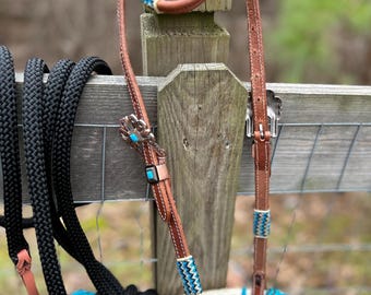 Rawhide Bosal and Teal Nylon Mecate Rein Horse Size Bitless Hackamore ...