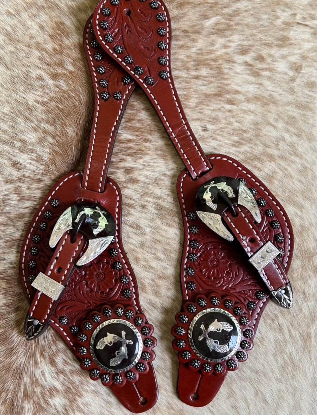 Pair of Mens Size Tooled Leather Western Spur Straps Engraved Hardware ...