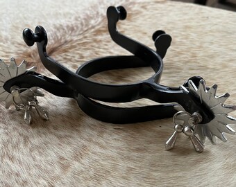 Pair Adult Size Black Steel Western Jingle Bob Spurs Engraved Silver ...