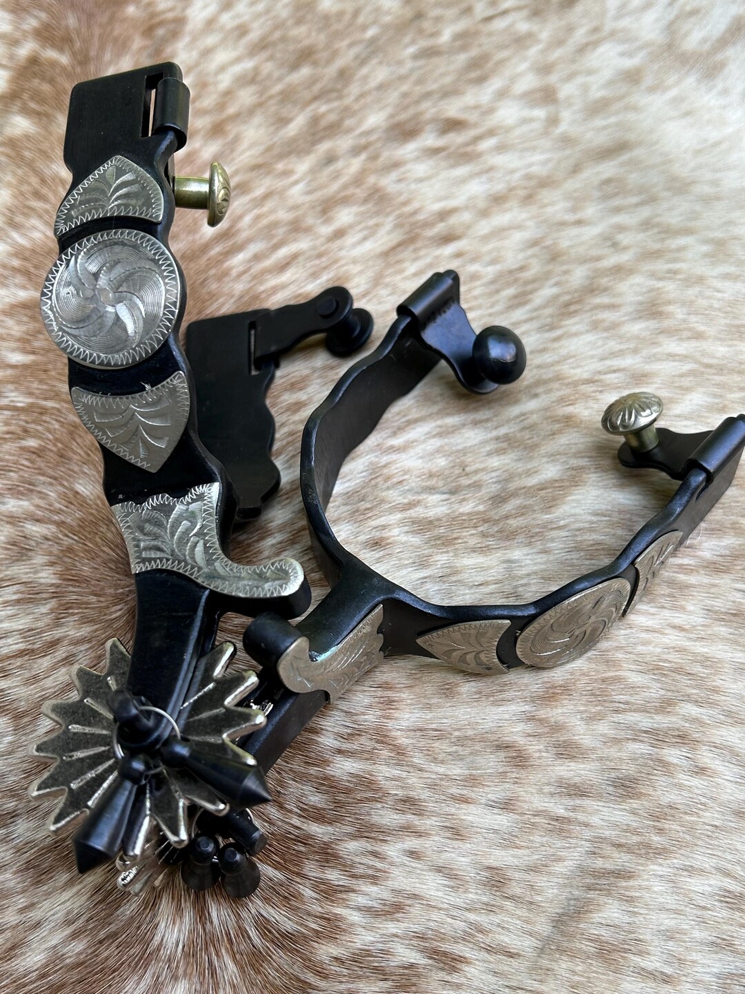 Pair Adult Size Black Steel Western Jingle Bob Spurs Engraved Silver ...
