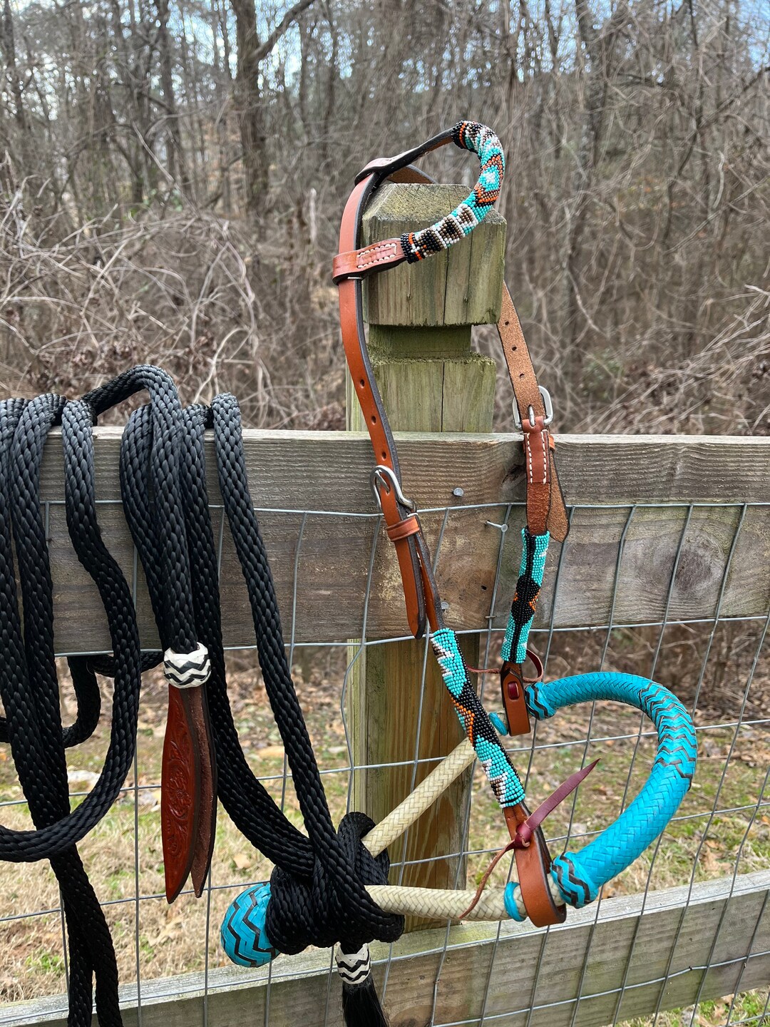 Teal Beaded Rawhide Bosal and Nylon Mecate Rein Set Horse Size - Etsy