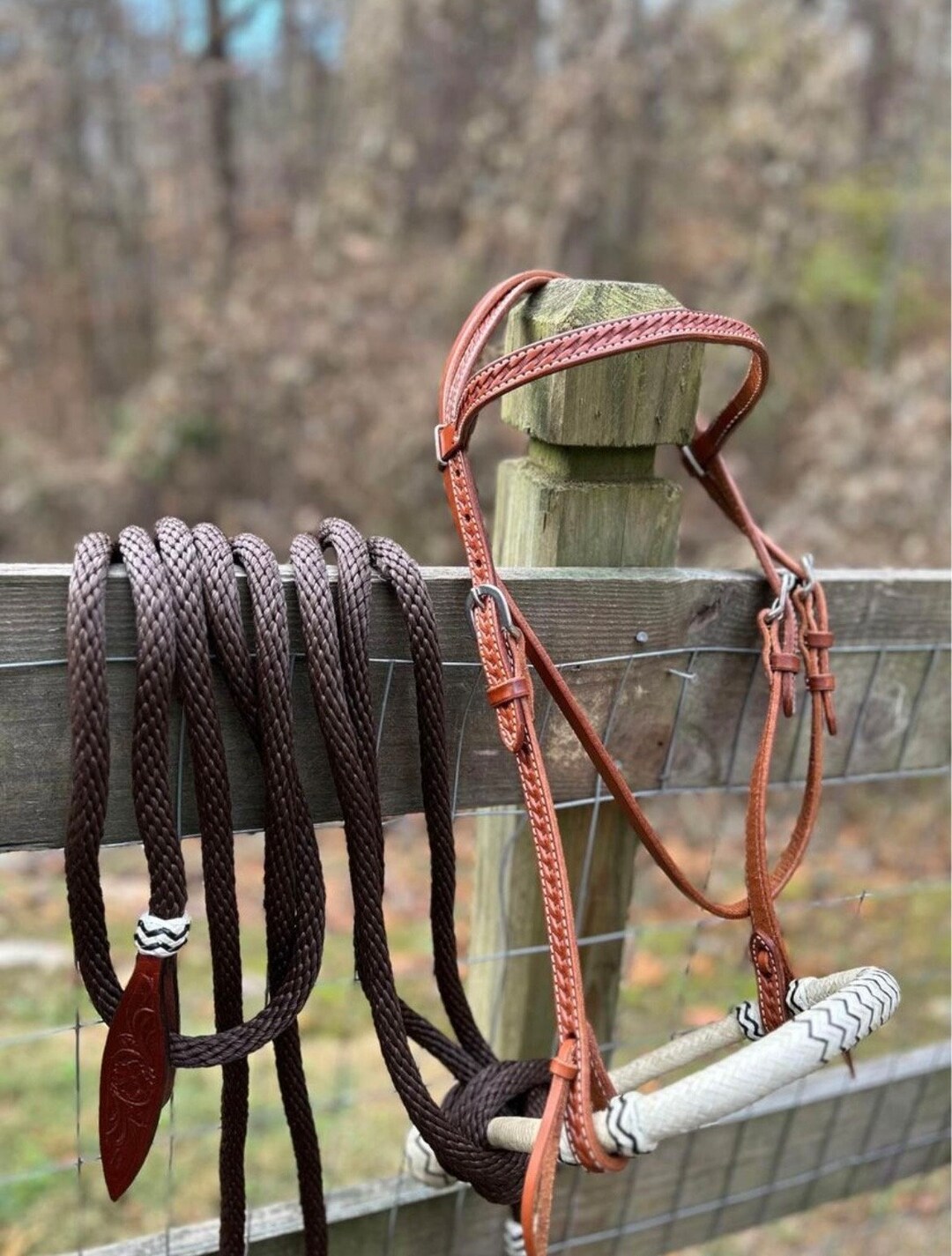 Complete Rawhide Bosal Bitless Bridle Set Basketweave Tooled Headstall ...