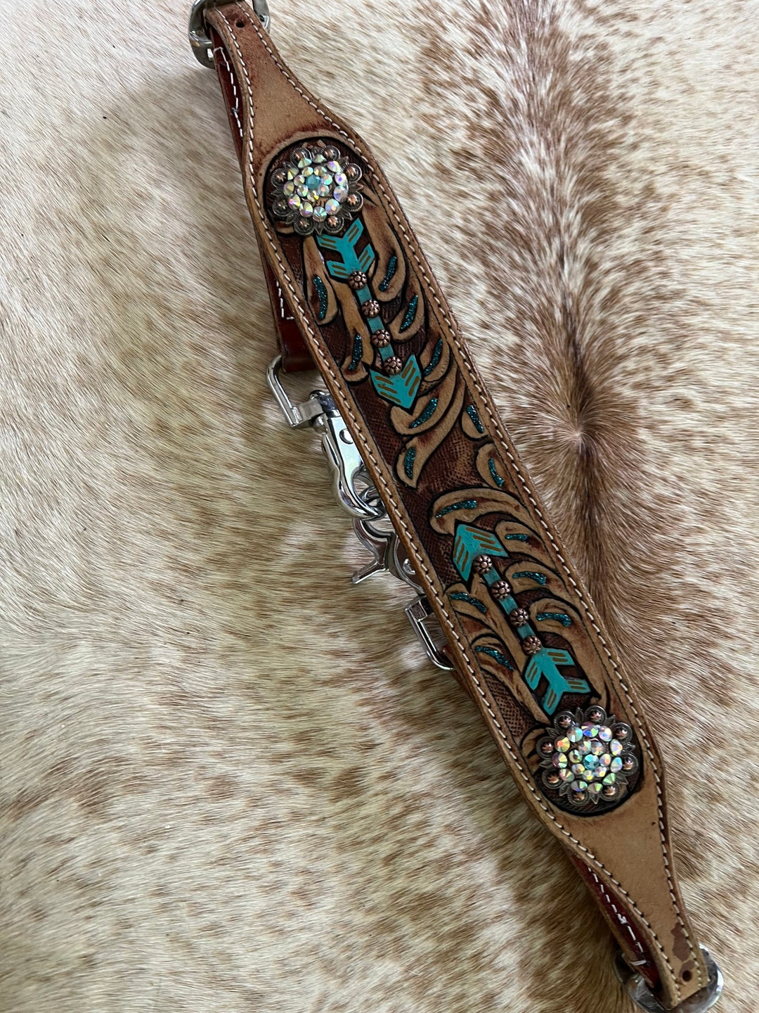 Genuine Leather Western Wither Strap Teal Painted Arrows Bling Conchos ...