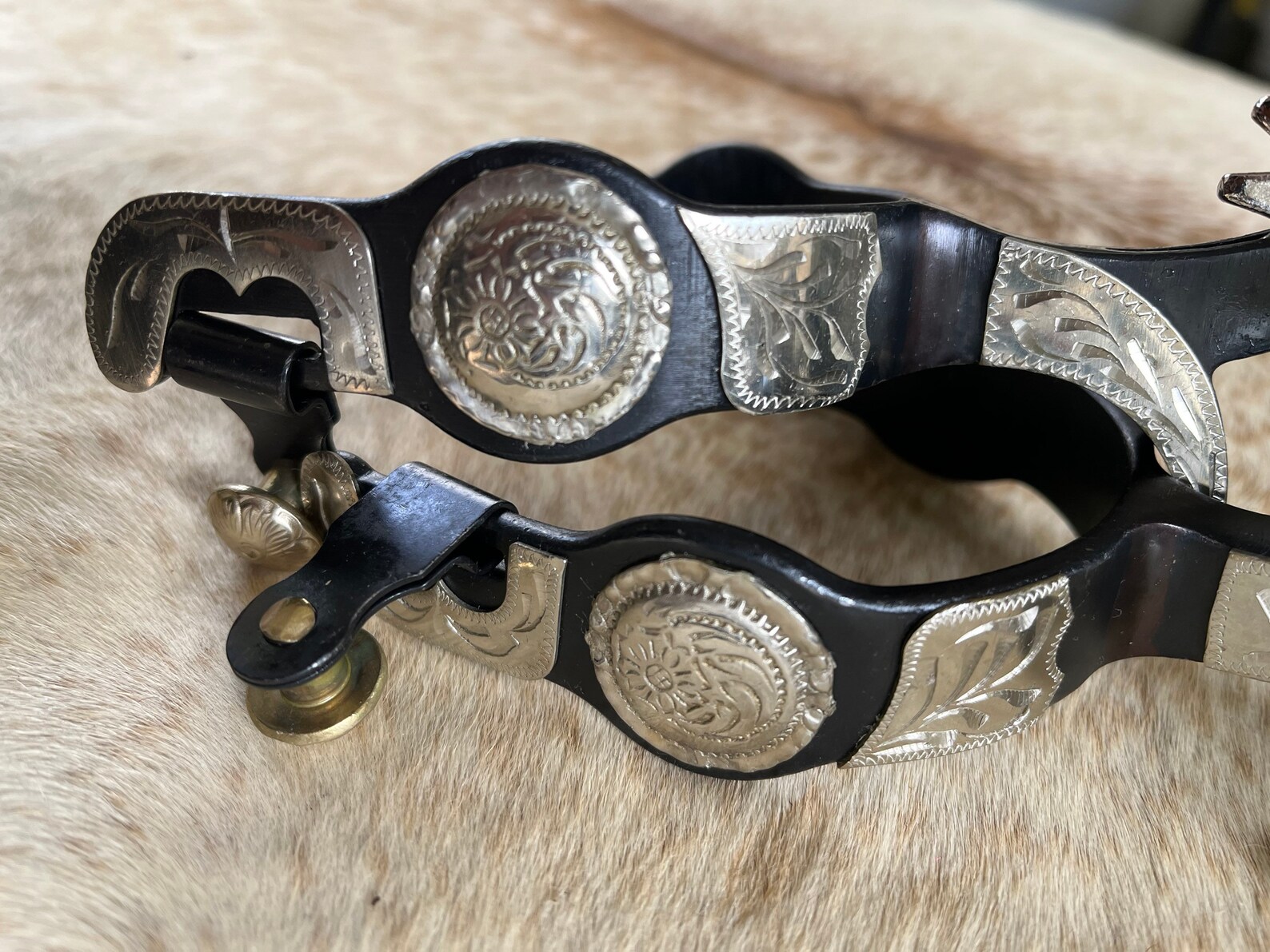 Pair Adult Size Black Steel Western Jingle Bob Spurs Engraved Silver ...