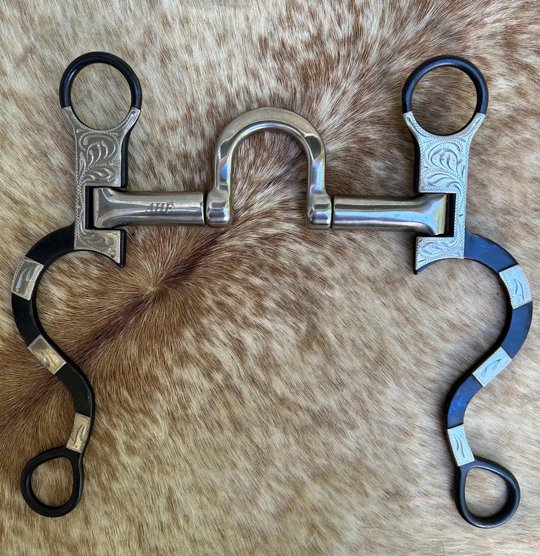 Black Steel 5” Spoon Mouth 8” Cheeks Engraved Silver Horse Bit Tack ...