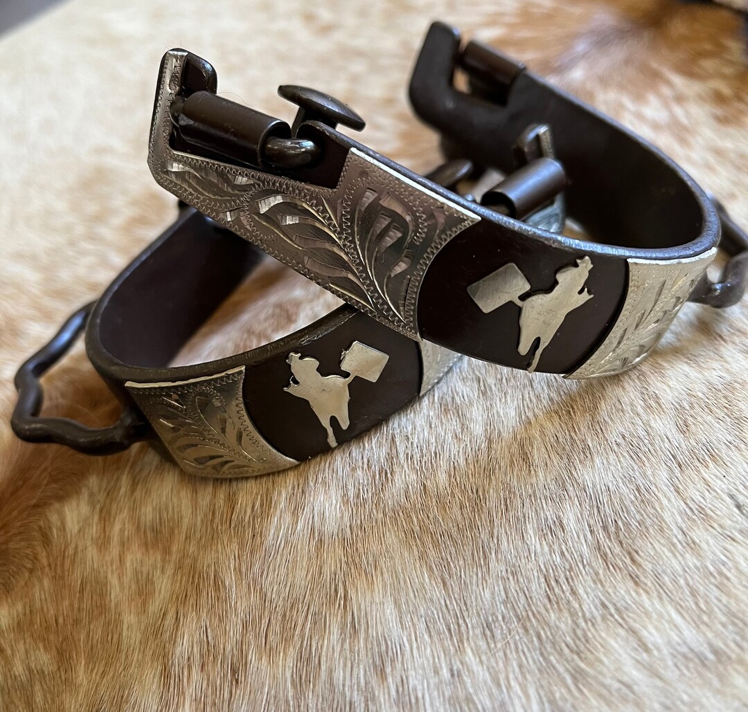 Pair Ladies Western Antiqued Brown Bumper Style Spurs Silver Barrel ...
