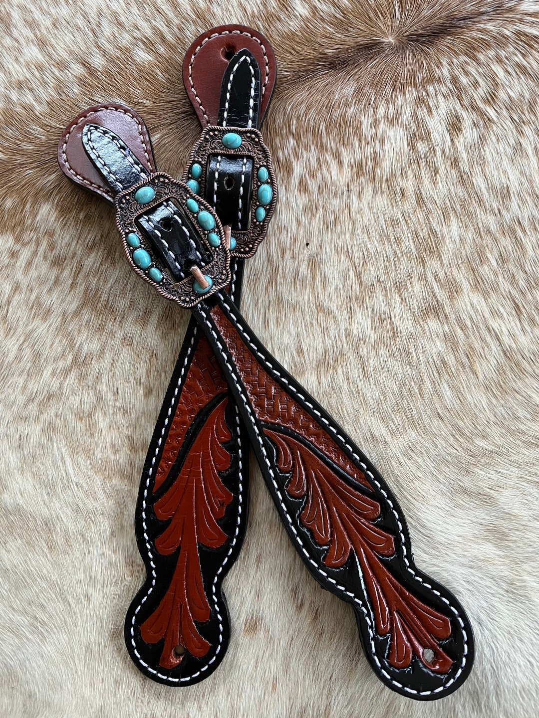 Two Tone Genuine Leather Ladies Size Western Pair Spur Straps Turquoise ...