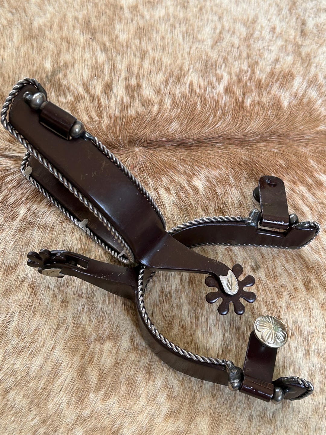 Pair Adult Size Western Brown Steel With Silver Twisted Rope Border ...
