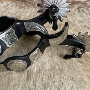 Pair Adult Size Black Steel Western Jingle Bob Spurs Engraved Silver ...