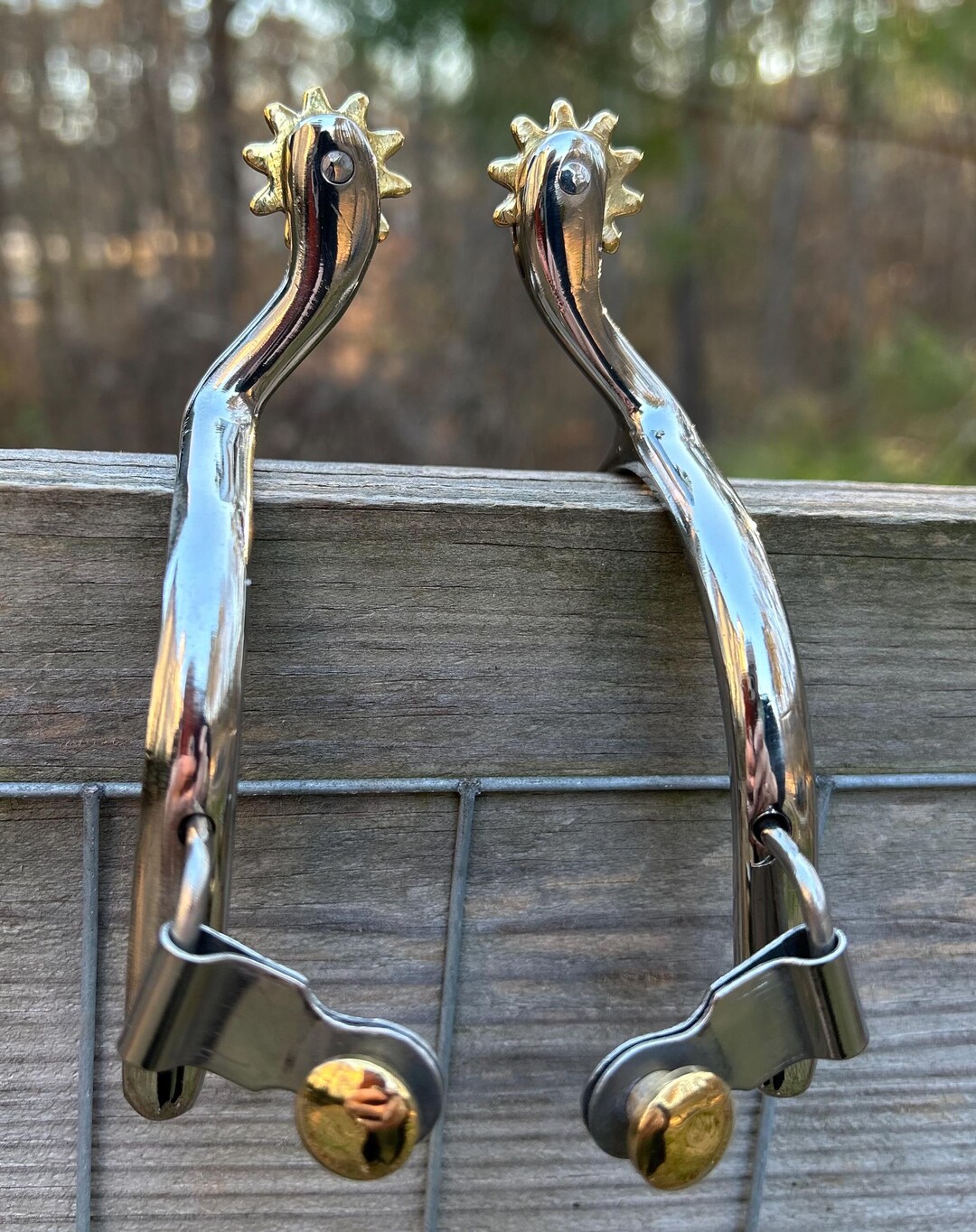 Pair Adult Size Western Polished Chrome Spurs Brass Rowels and Buttons ...