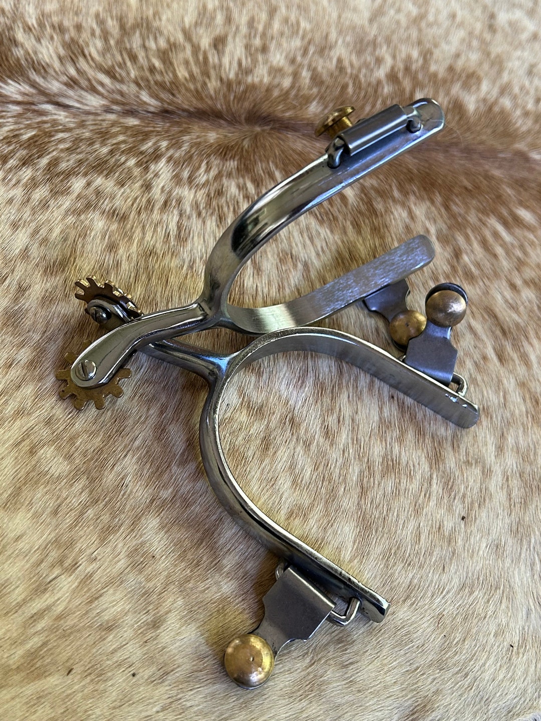 Pair Adult Size Western Chrome Plate Spurs Brass Rowels and Buttons ...