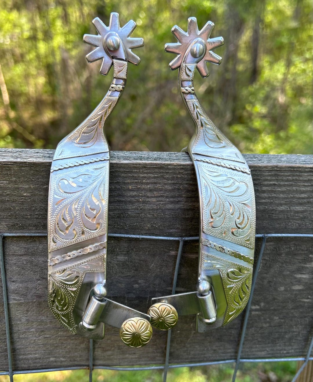 Pair Men’s Size Heavy Duty Engraved Stainless Steel Western Spurs FREE ...