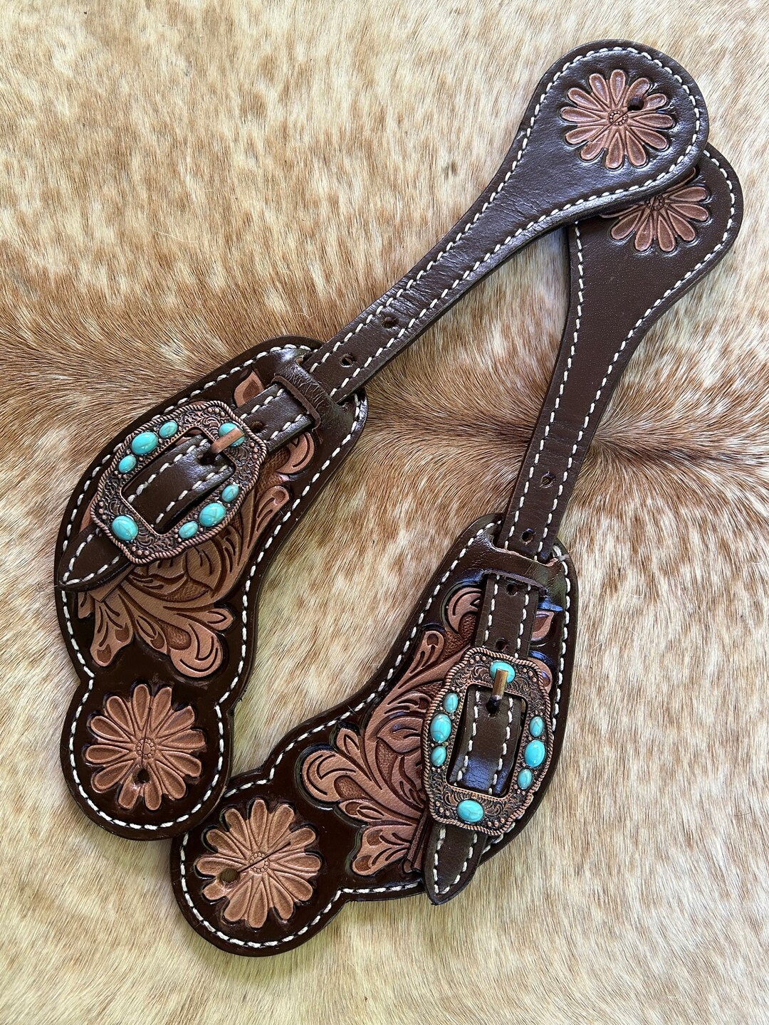 Pair Two Tone Leather Ladies Size Western Spur Straps Turquoise Stone ...