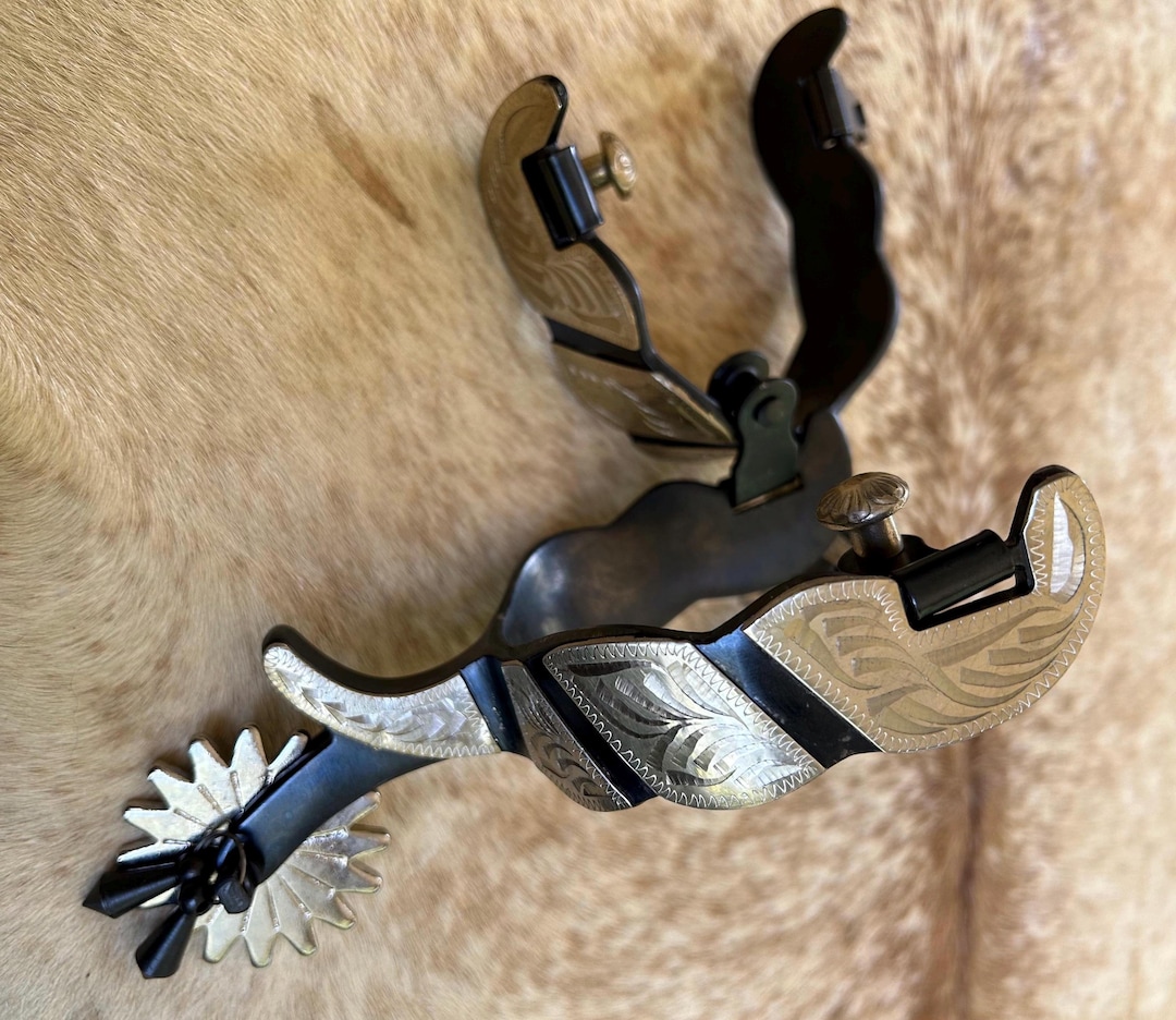 Pair Adult Size Black Steel Western Jingle Bob Spurs Engraved German ...