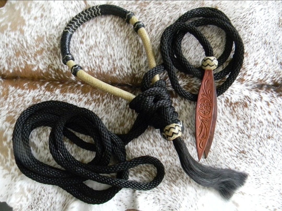 Natural and Black Rawhide Bosal With Black Nylon Mecate Rein Set ...