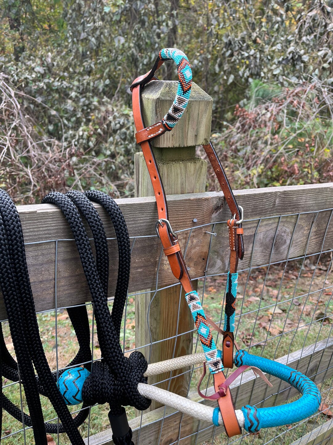Teal Beaded Horse Size Bitless Hackamore Rawhide Bosal Black Nylon ...