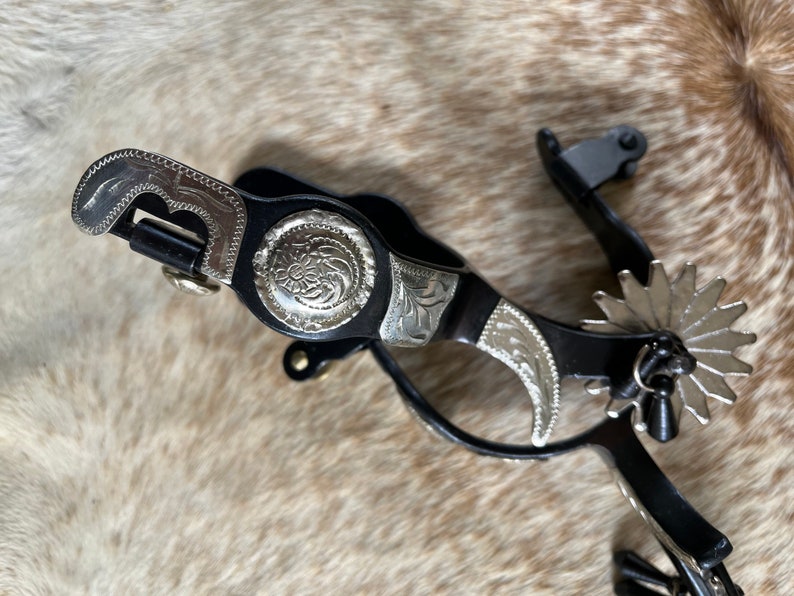 Pair Adult Size Black Steel Western Jingle Bob Spurs Engraved Silver ...