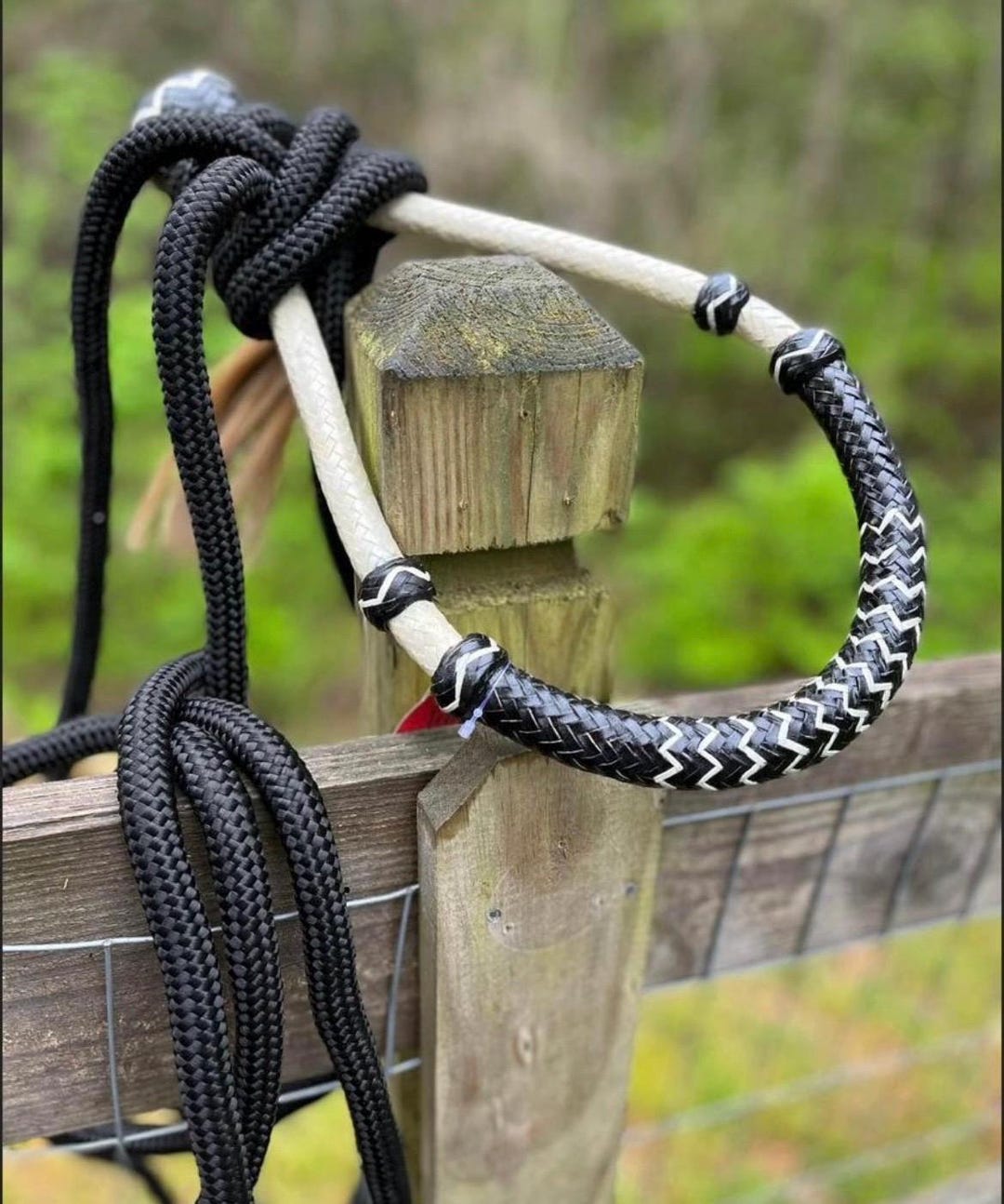 Natural and Black Rawhide Bosal With Black Nylon Mecate Rein Set ...