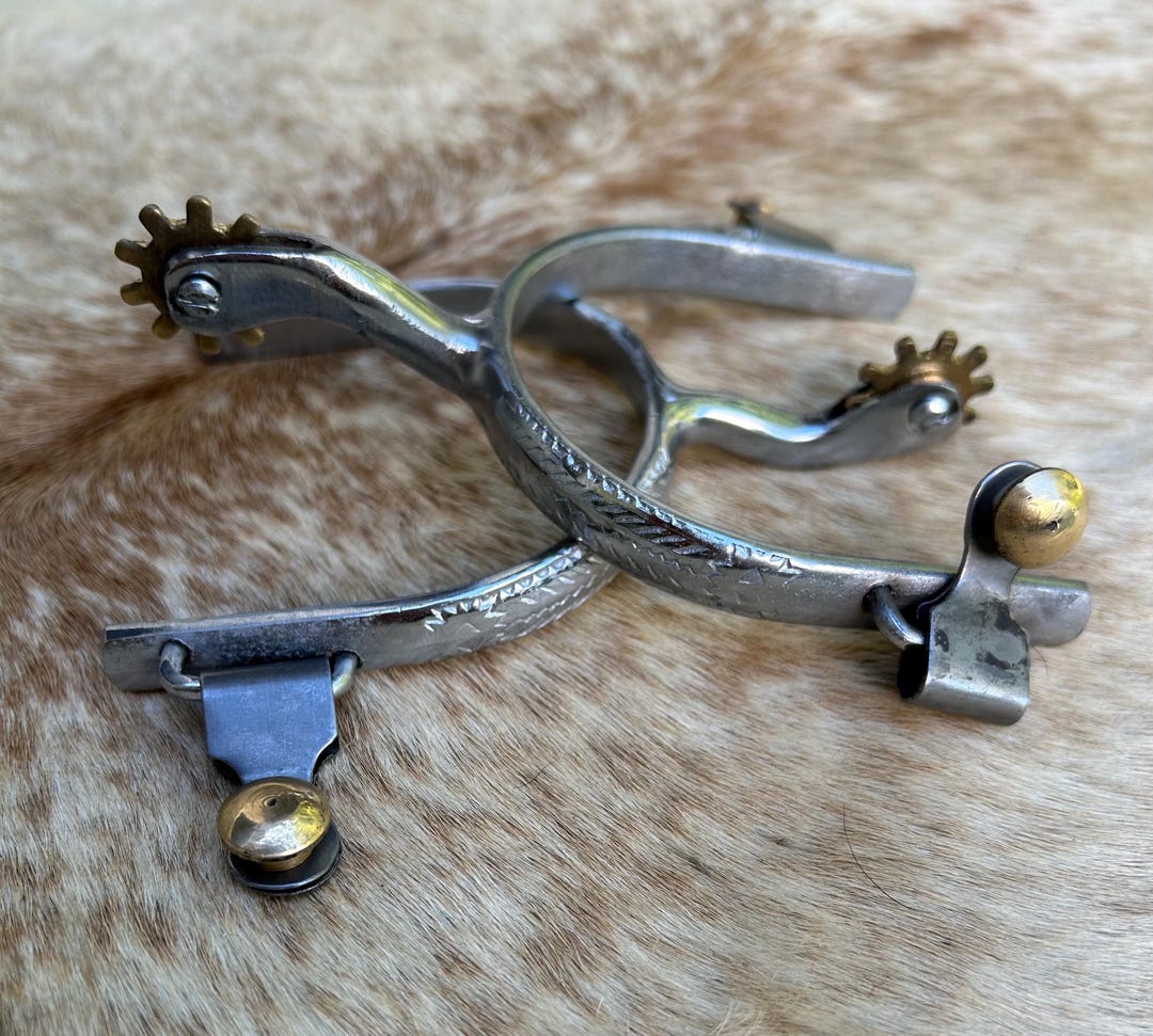 Pair Adult Size Western Embossed Chrome Plate Spurs Brass Rowels and ...