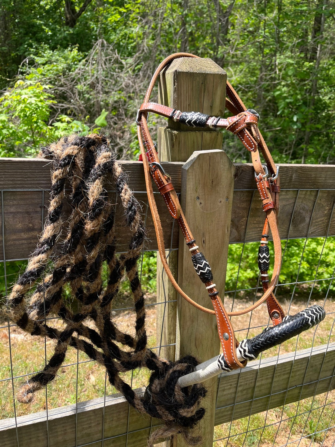 Complete Bitless Bridle Set Rawhide Bosal Horsehair Mecate Rein Horse ...