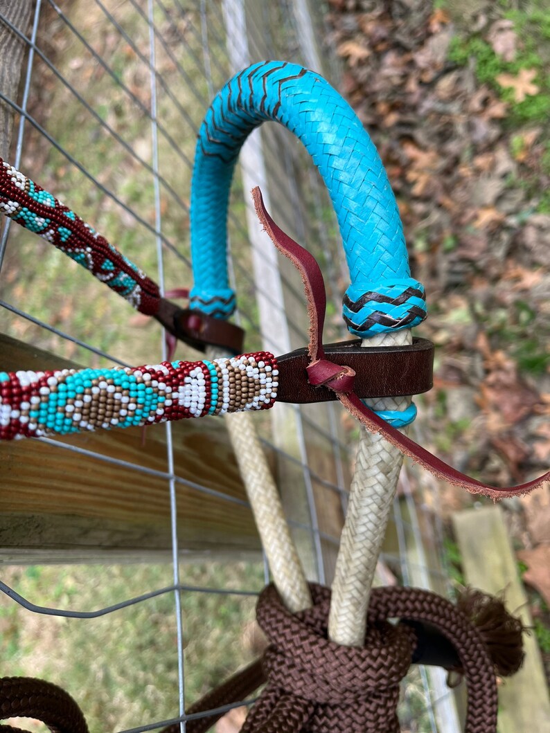 Beaded Complete Bitless Hackamore Rawhide Bosal Bridle Set Horse Size ...