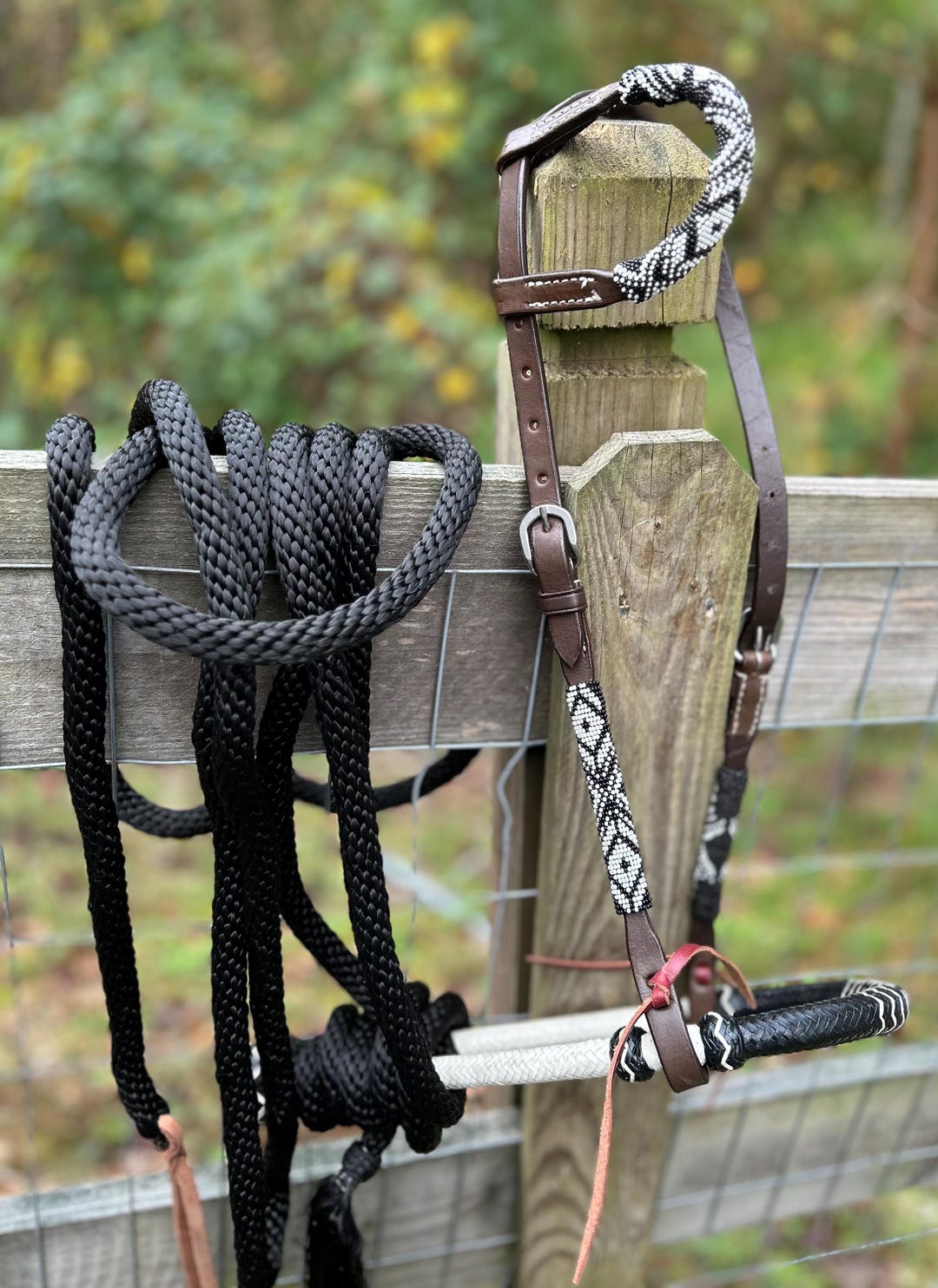Black Complete Bitless Hackamore Bosal Bridle and Nylon Mecate Rein Set ...