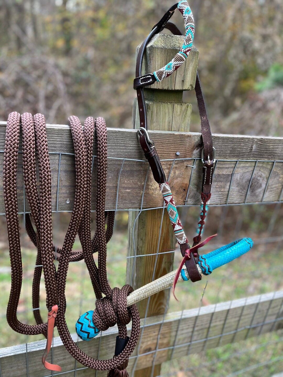 Beaded Complete Bitless Hackamore Rawhide Bosal Bridle Set Horse Size ...