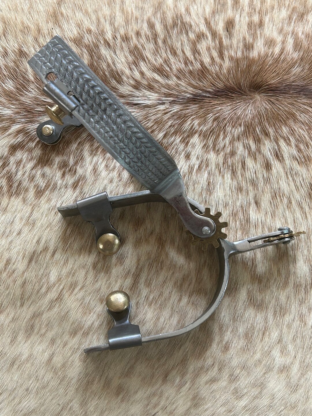 Pair Adult Size Stamped Design Western Spurs Brass Buttons and Rowels ...