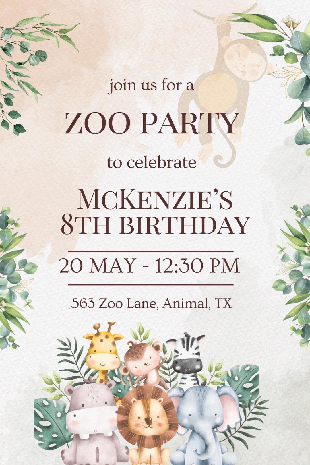 Editable Zoo Birthday Party Invitation, Party Announcement, Printable ...