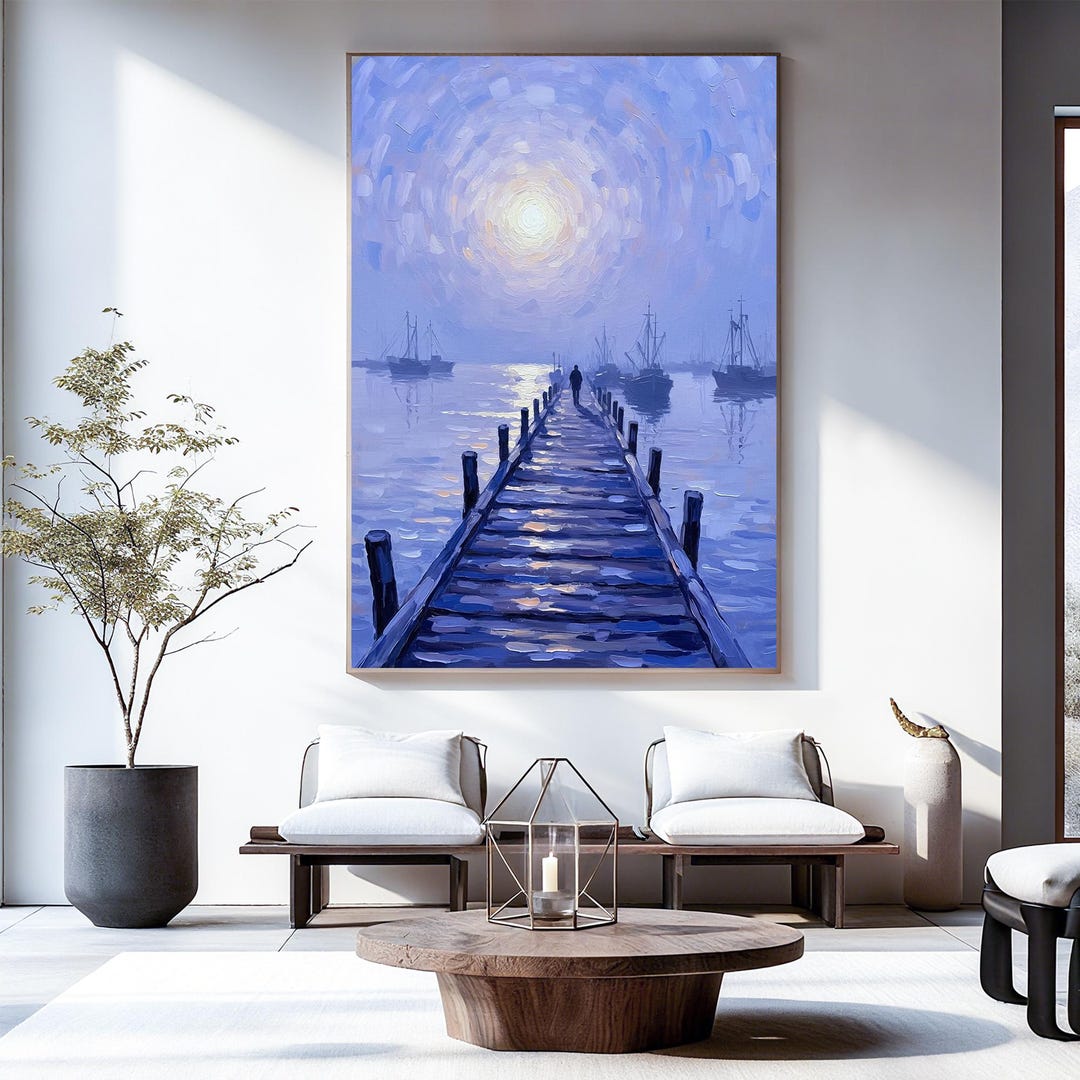 Hand-painted Dock Sunset Oil Painting, Blue Impressionist Seascape Wall ...