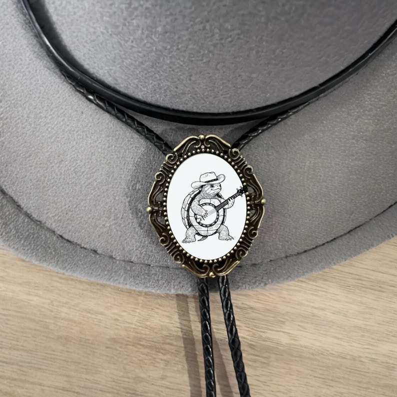 Western Bolo Tie: Cowboy Turtle With Banjo, Leather Necktie String Tie ...