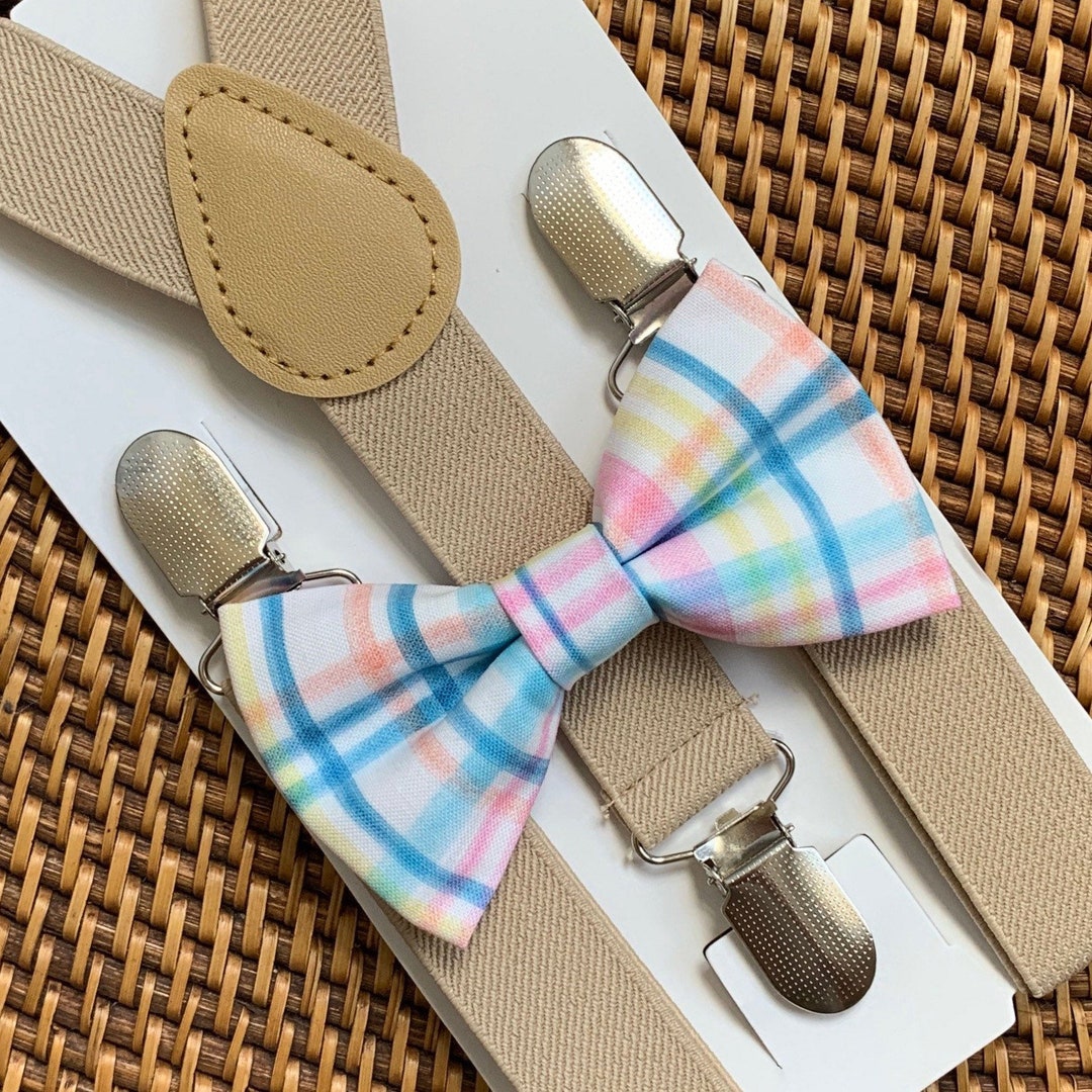 Easter Pastel Plaid Bow Tie and Tan Suspenders Set - Etsy