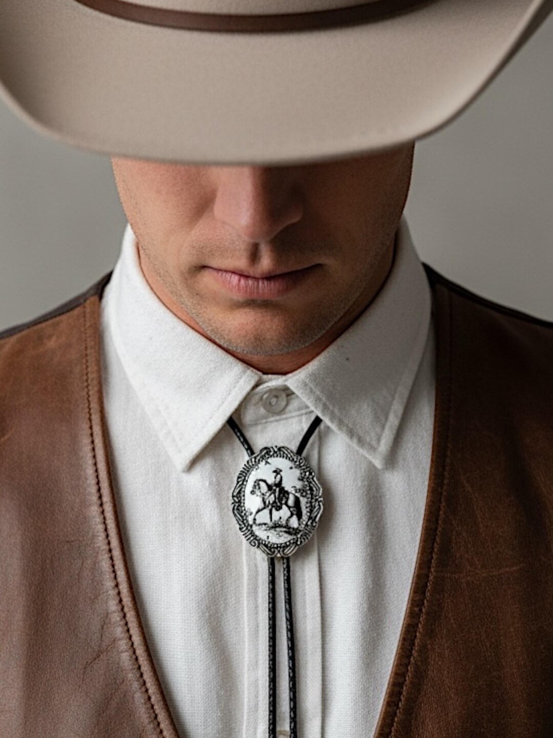 Cowboy Bolo Tie, Vintage Western Leather Necktie, Groomsmen Wedding ...