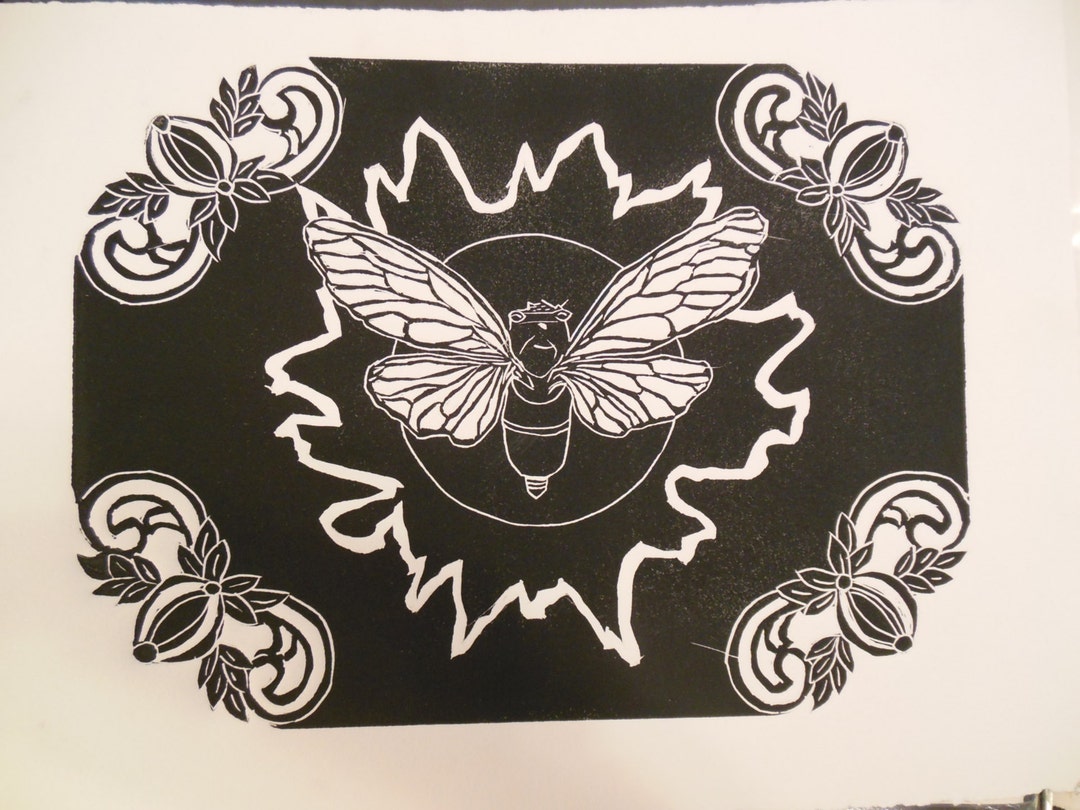 Black Cicada Lino Cut With Filigree - Etsy