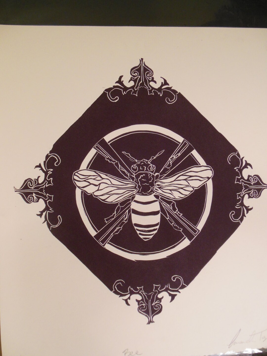 Bumble Bee Linoleum Print With Filigree - Etsy