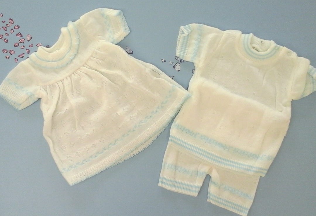 70s Vintage Twins Set Baby Girl Boy Dress Suit Summer Outfit Knit ...