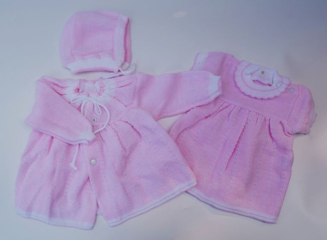 70s Vintage 60s Baby Outfit Jacket Bonnet Dress Pink Set Size 0-3 ...