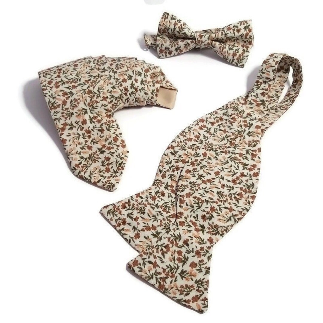 ECRU Beige BROWN Floral Bow Tie Groom Narrow Necktie Groomsmen - Etsy