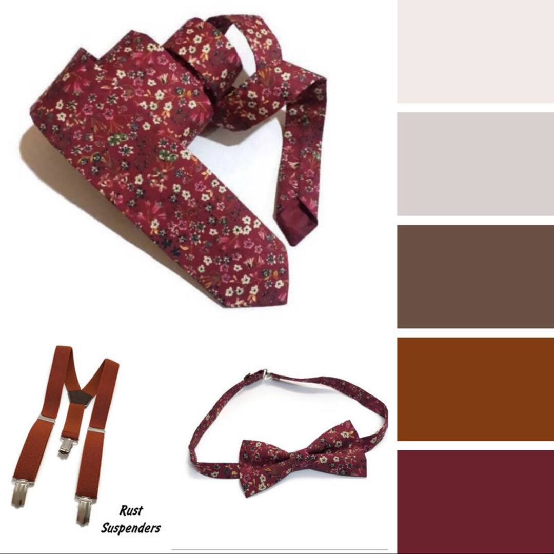 Burgundy Rust Suspenders Liberty Tiny Floral Bow Ties Neckties for Men ...