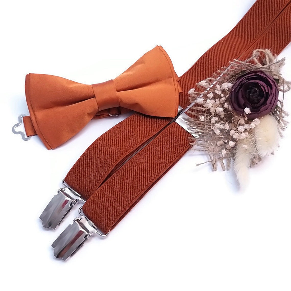 Rust Wedding Terracotta Set of ELASTIC Suspenders Bow Tie Men - Etsy