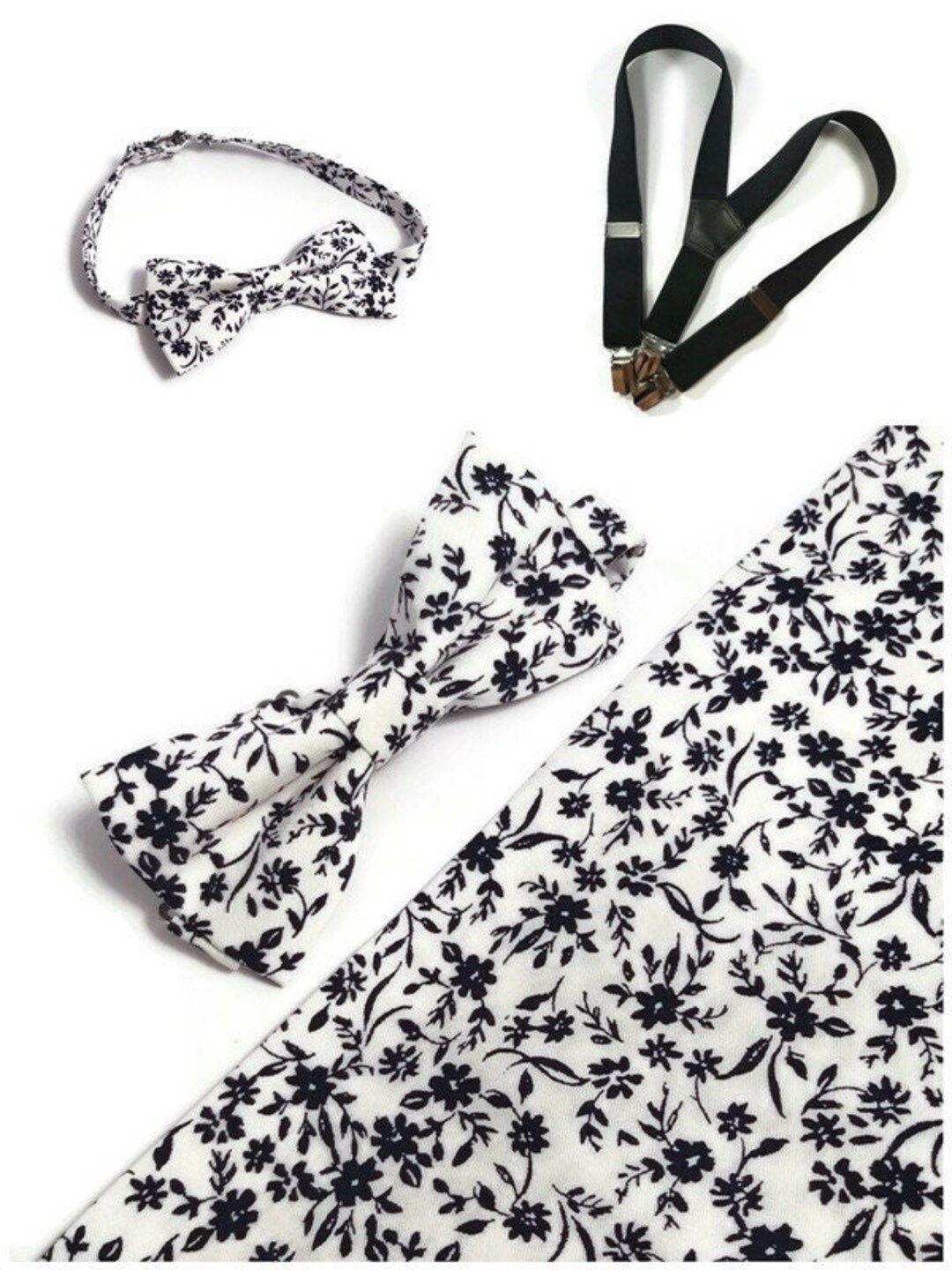 White Black BOWTIE Tiny Floral Patten Regular Men's Necktie Groom ...
