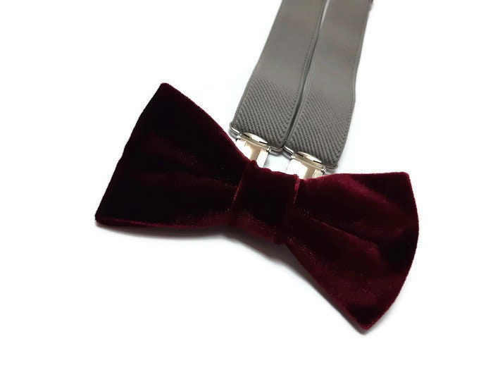 Grey burgundy wedding outfit velvet bowtie grey suspenders | Etsy