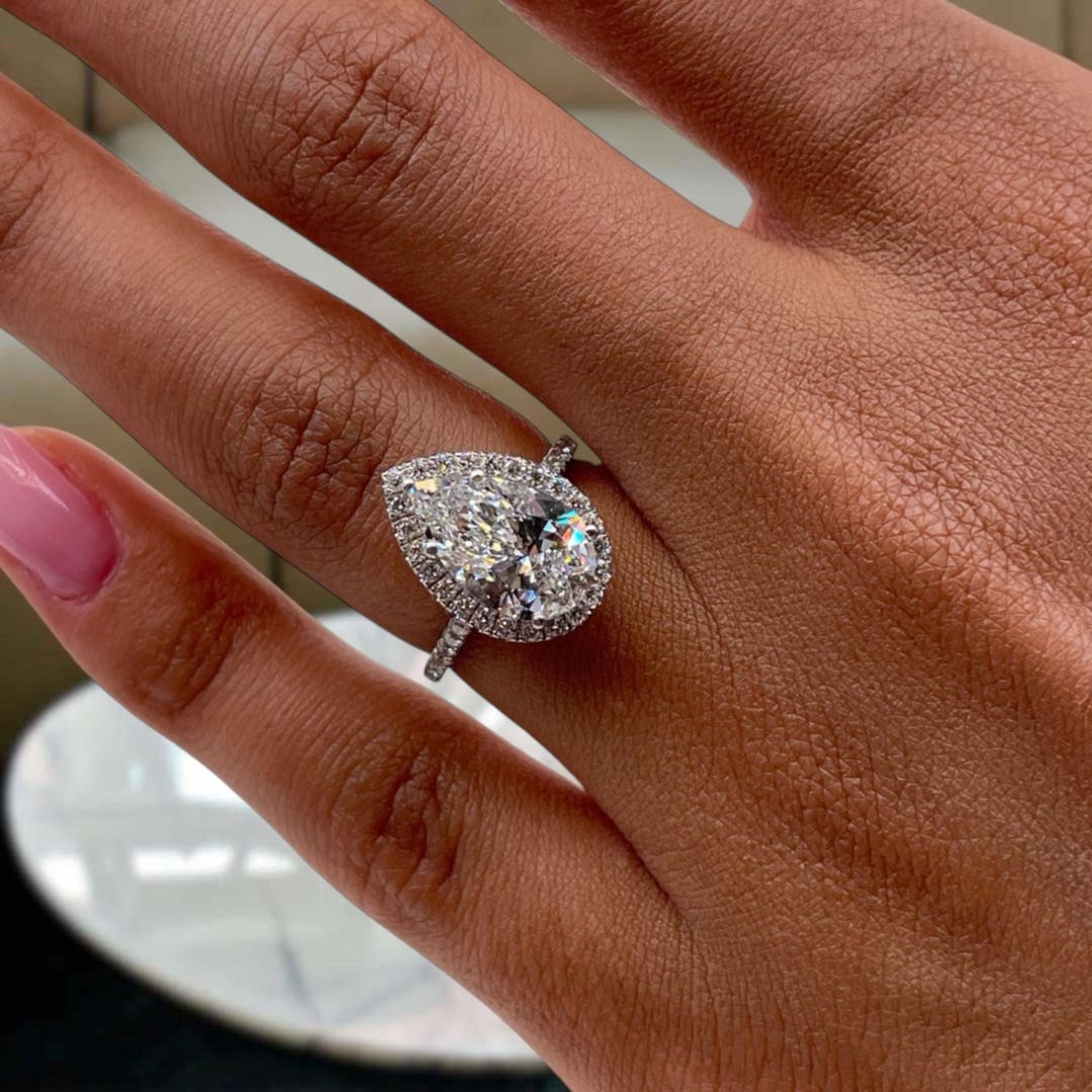 Pear Cut Diamond Proposal Ring, 14K White Gold Halo Set Ring, Certified ...