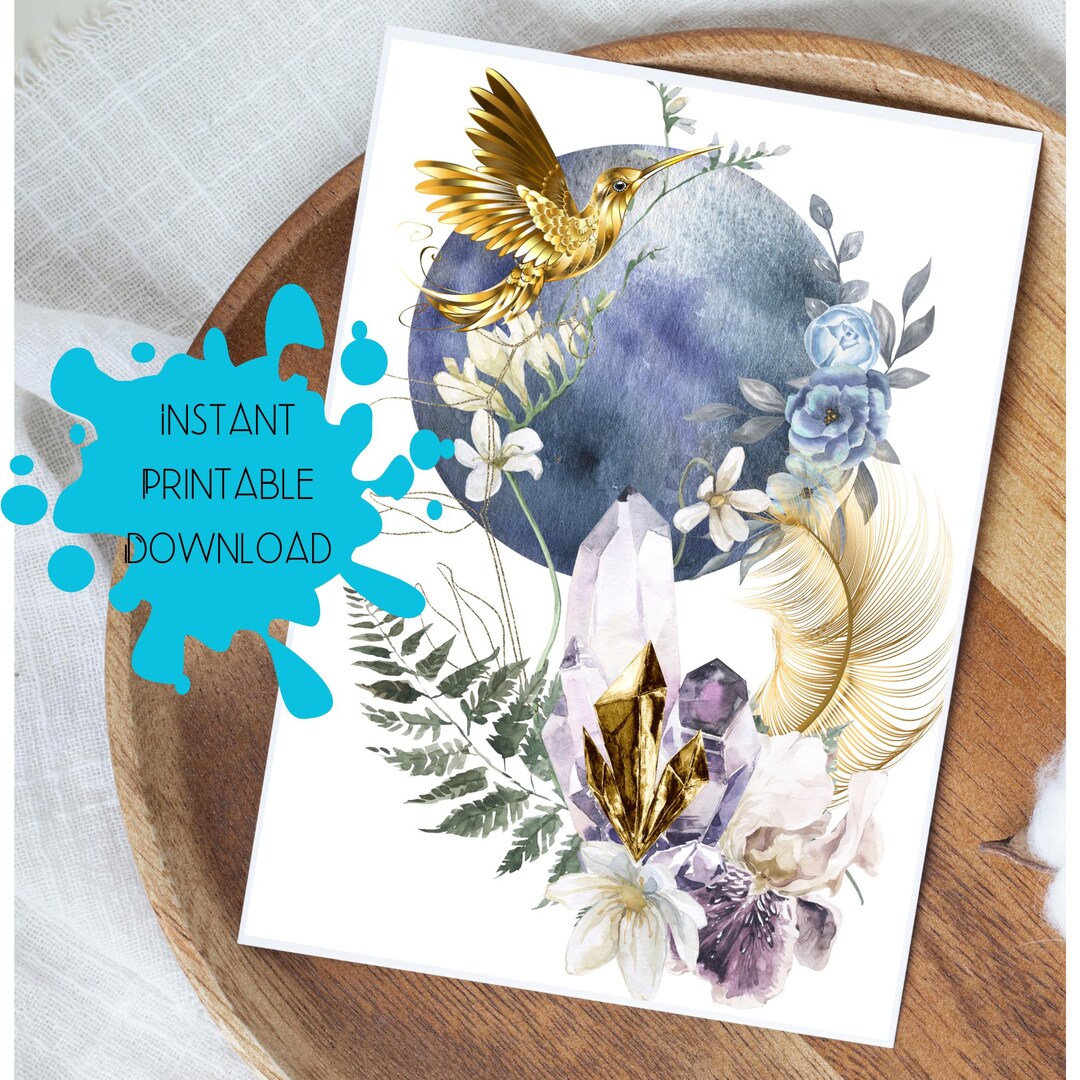 Blue Moon Golden Hummingbird Printable Card, Spiritual Yoga ...