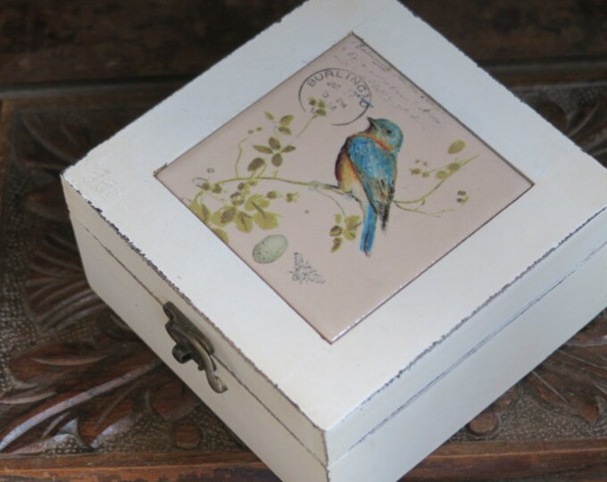 Distressed White Wood Box With Vintage Bird and Letter Tile Lid - Etsy